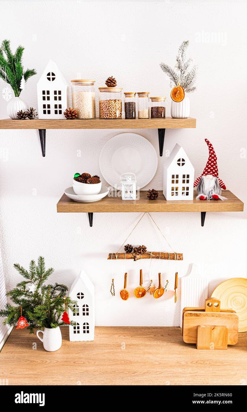 front view of the wooden countertop and shelves in the interior of the ...