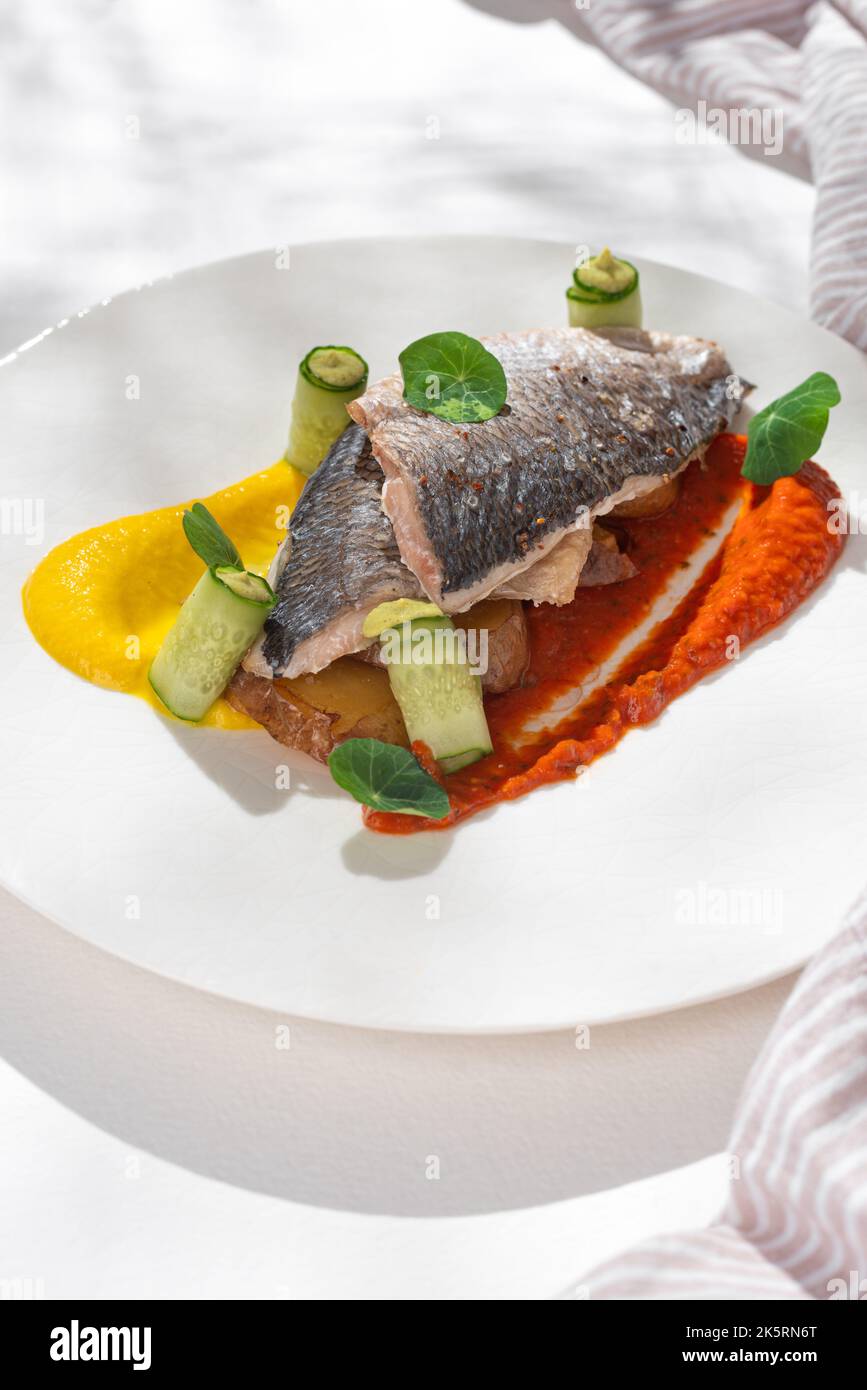 Fish dish - Dorado with rainbow creams. dorado fillet with garnish ...