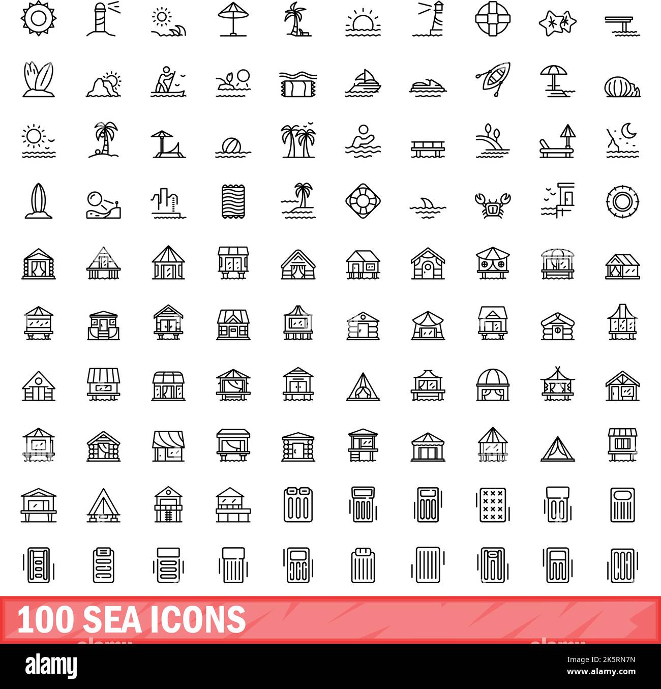 100 sea icons set. Outline illustration of 100 sea icons vector set ...