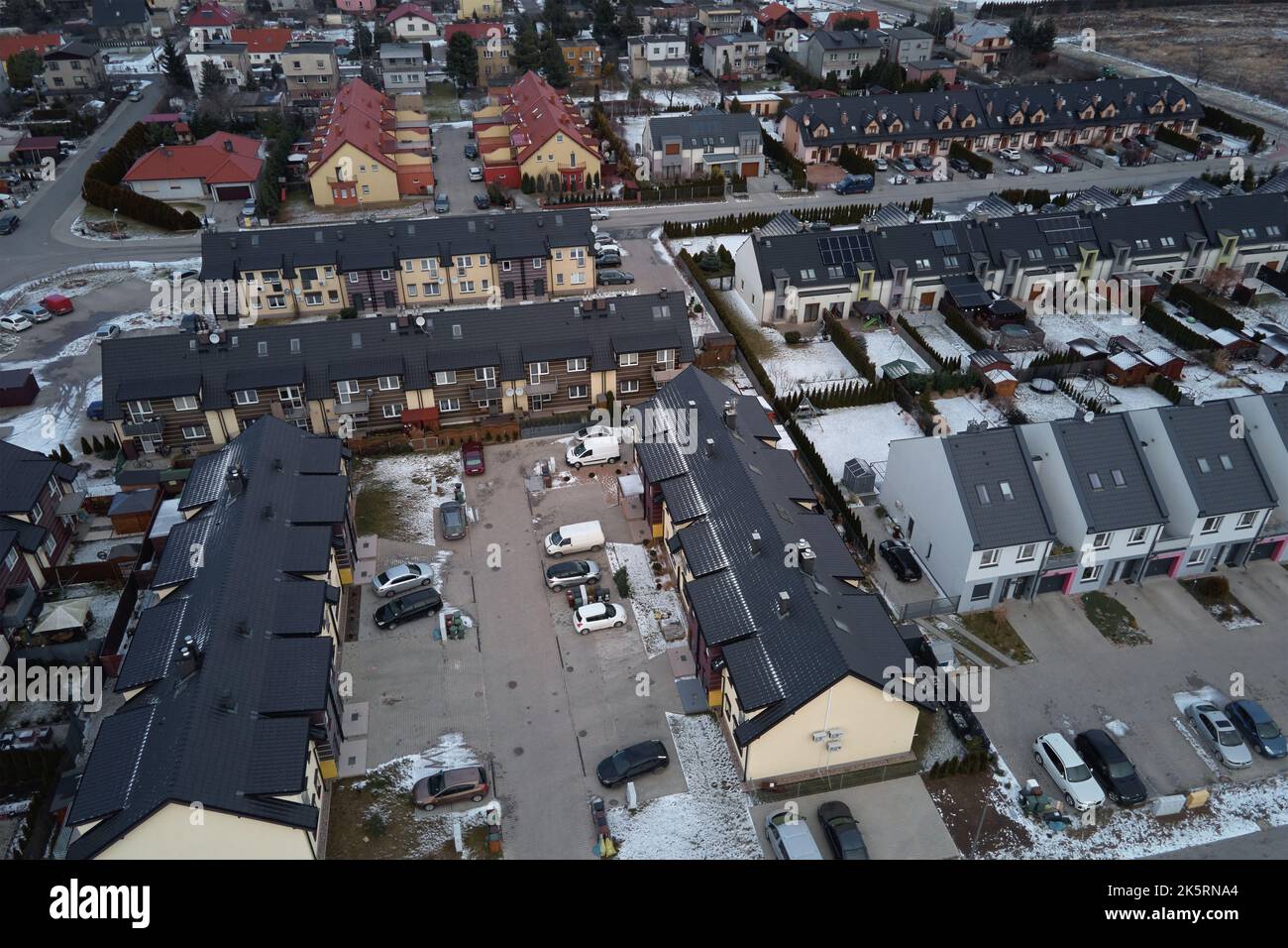 Winter season in Europe town, aerial view. Residential neighborhood ...