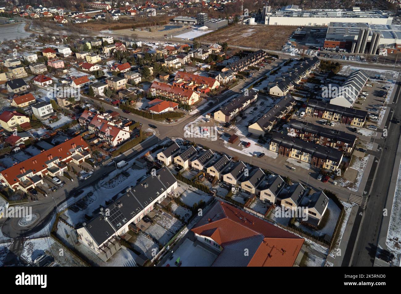 Winter season in Europe town, aerial view. Residential neighborhood ...