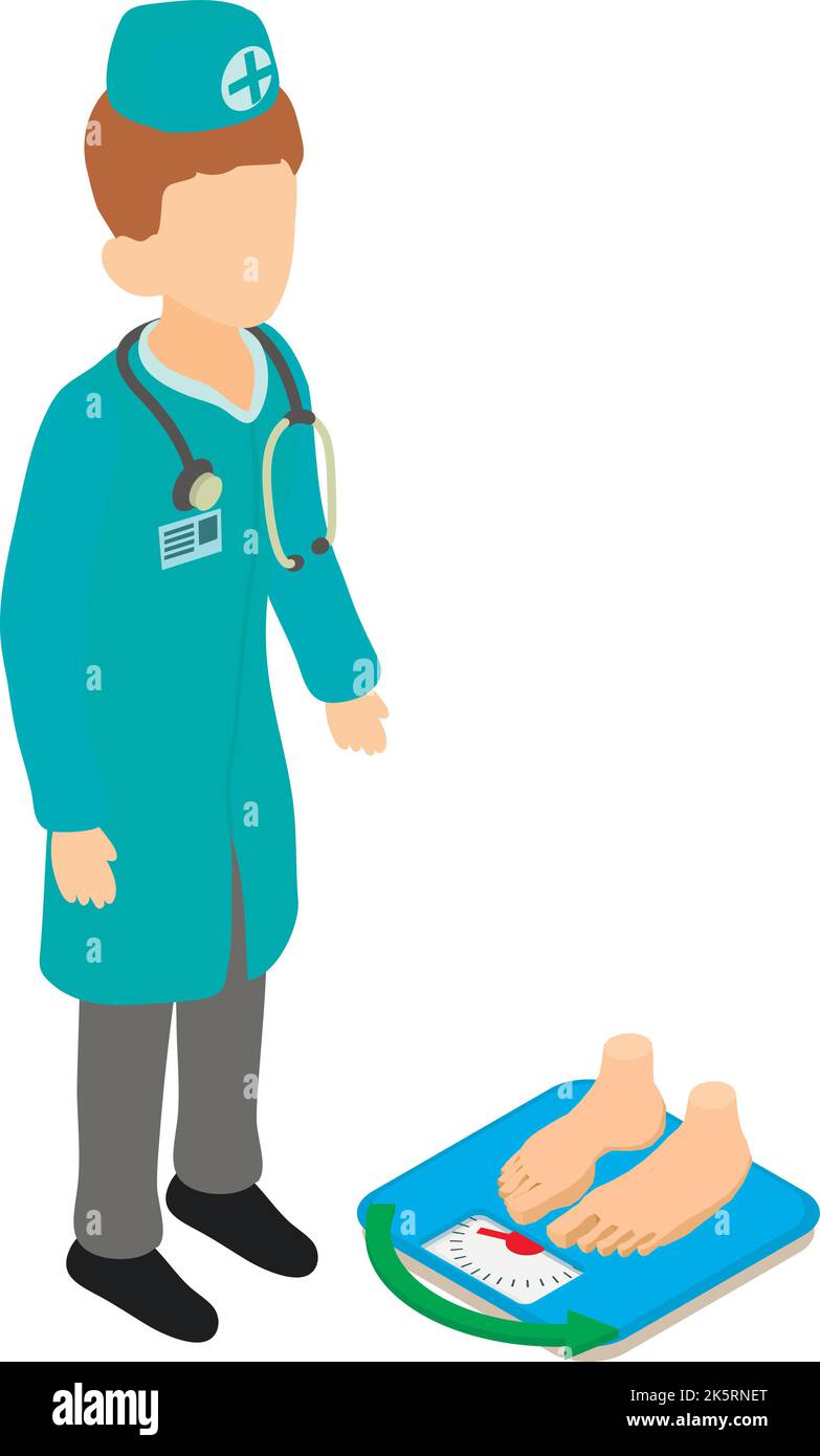 Weight control icon isometric vector. Male doctor and patient on floor ...
