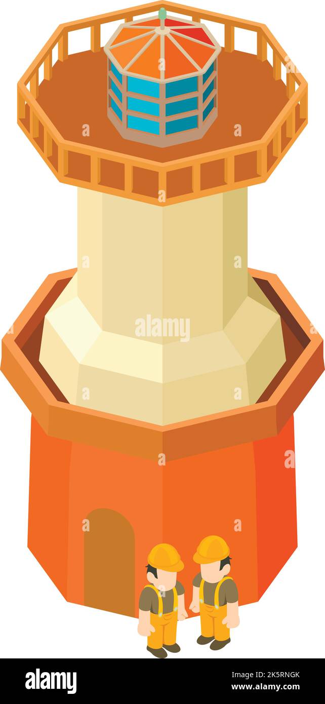 Beacon renovation icon isometric vector. Two construction worker near lighthouse. Construction ...