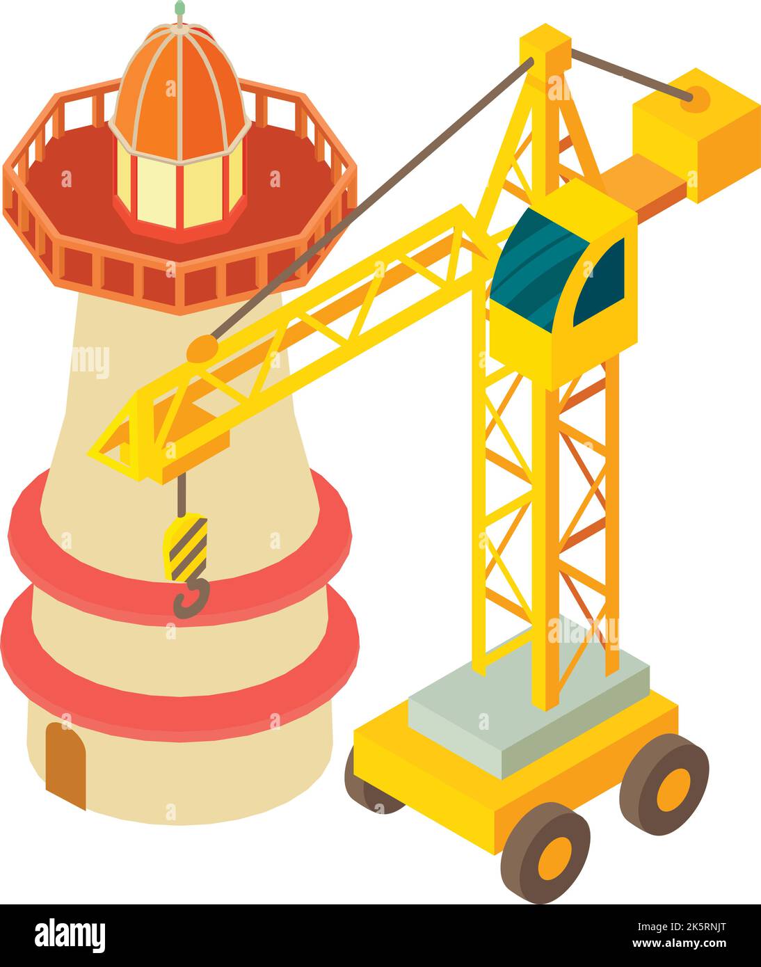 Building site icon isometric vector. Construction crane near big lighthouse icon. Building ...