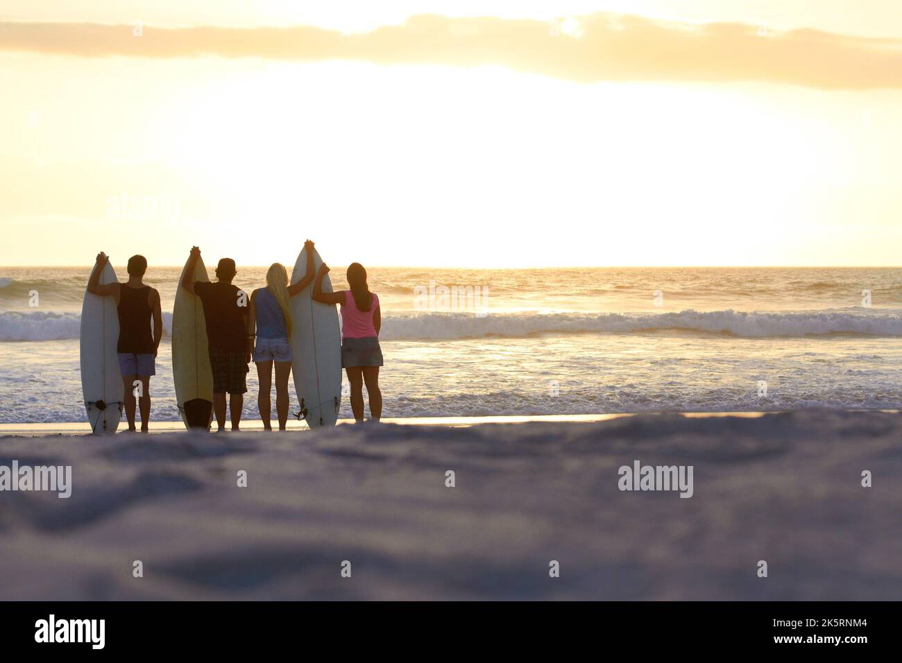 The perfect wave is coming. surfing friends at the beach Stock Photo ...