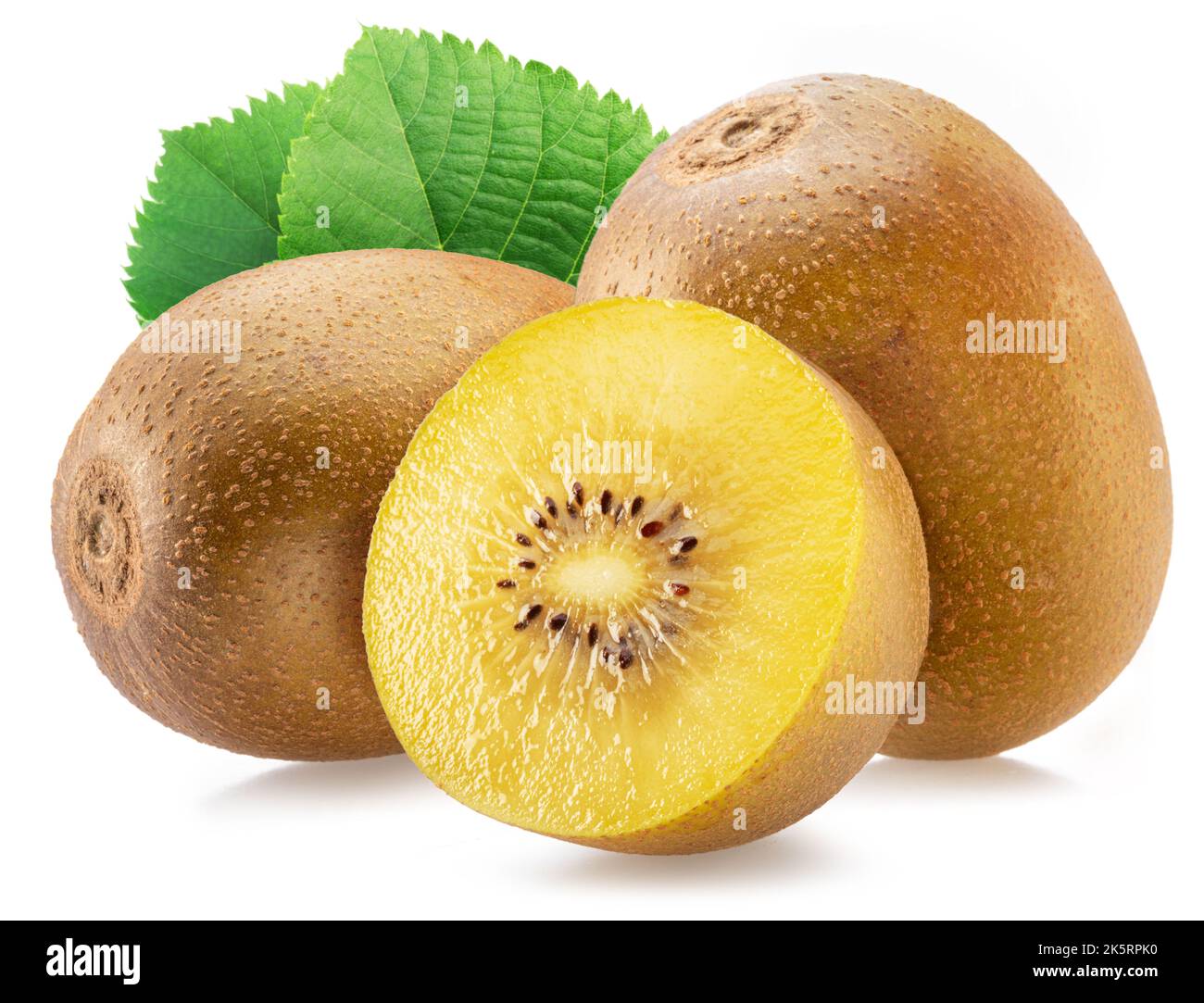 Golden kiwi fruit, cross cut of kiwi, green leaves isolated on white ...