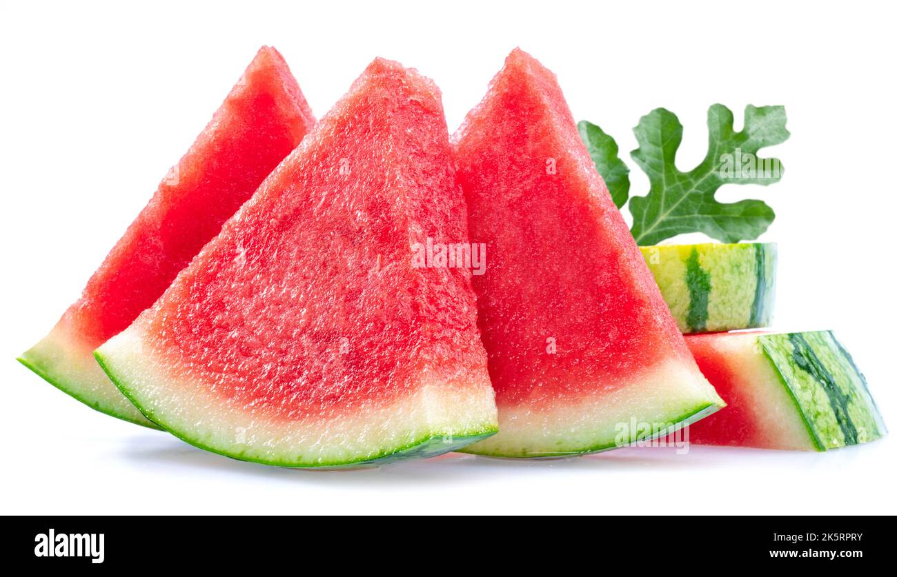 Three slices of watermelon without seeds with watermelon leaf isolated ...