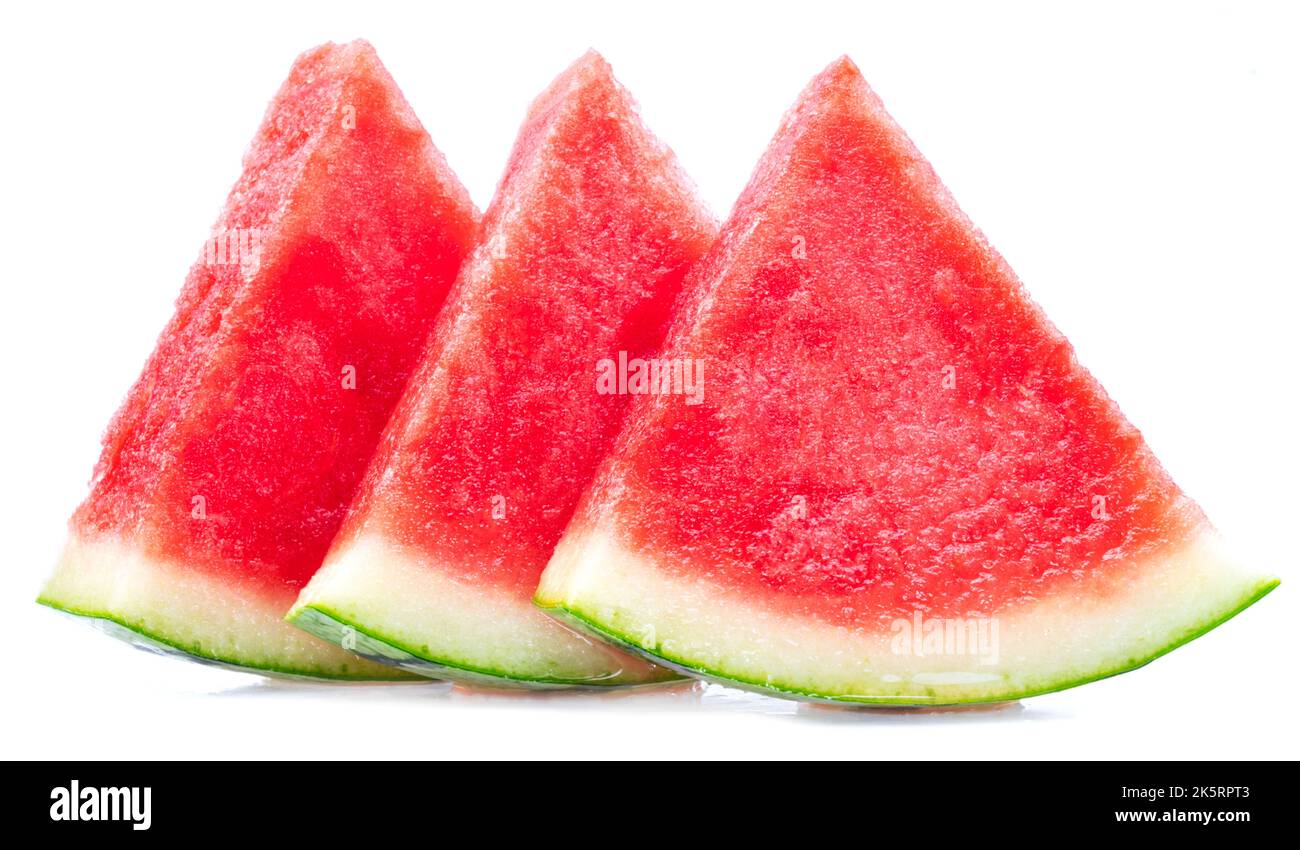 Three slices of watermelon without watermelon seeds isolated on white ...