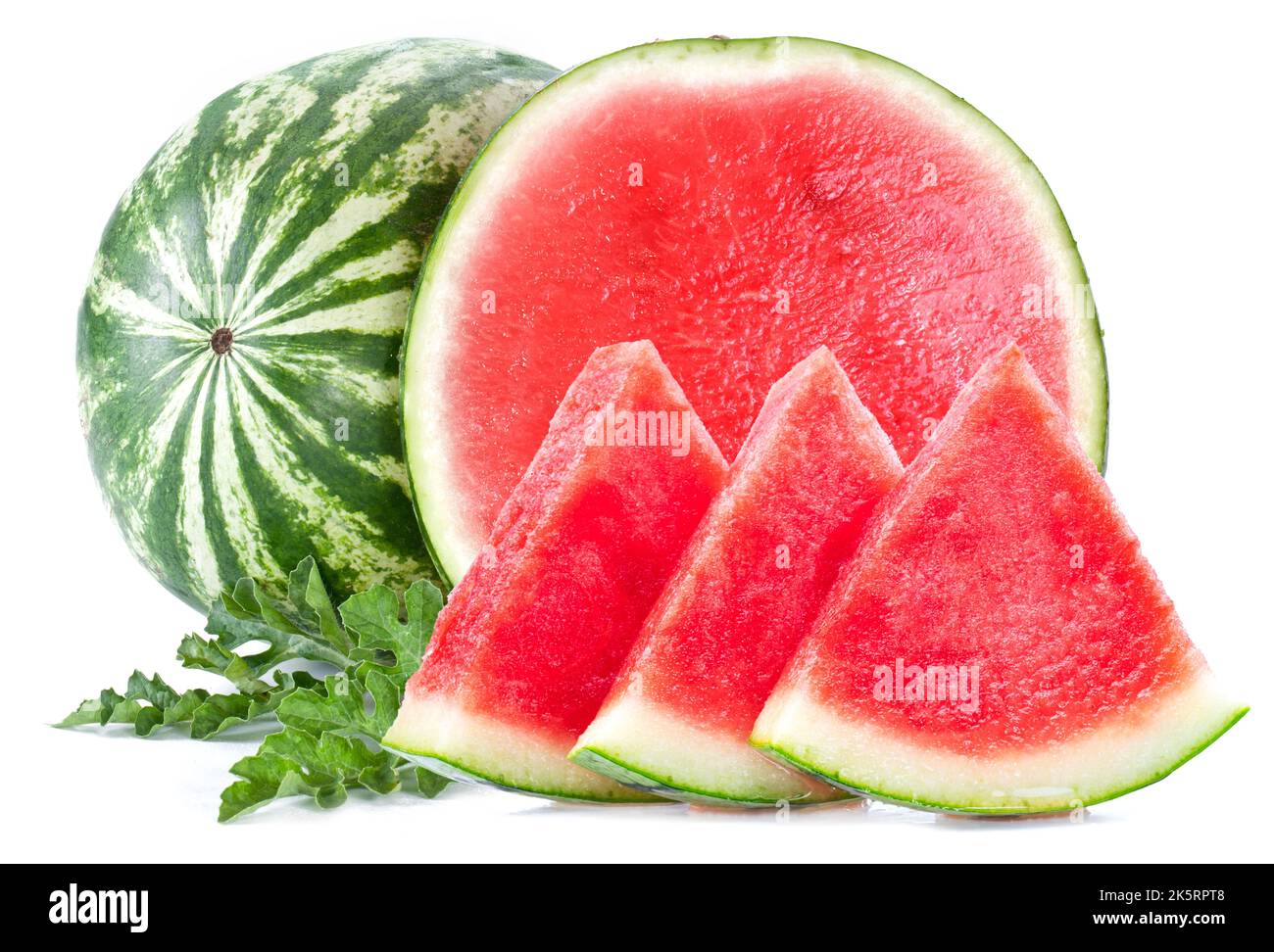 Three slices of watermelon with half and whole watermelon isolated on ...