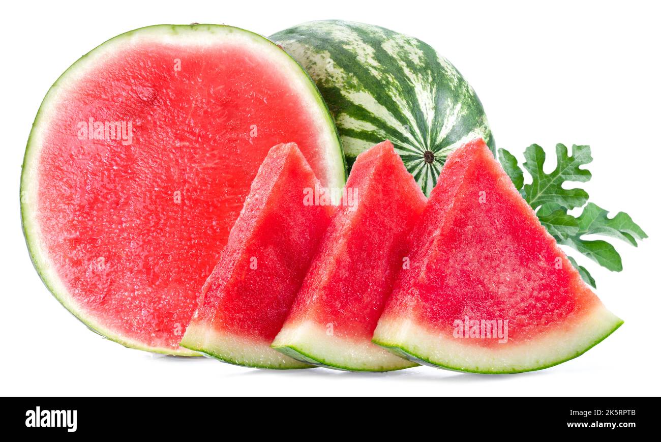 Three slices of watermelon with half and whole watermelon isolated on ...