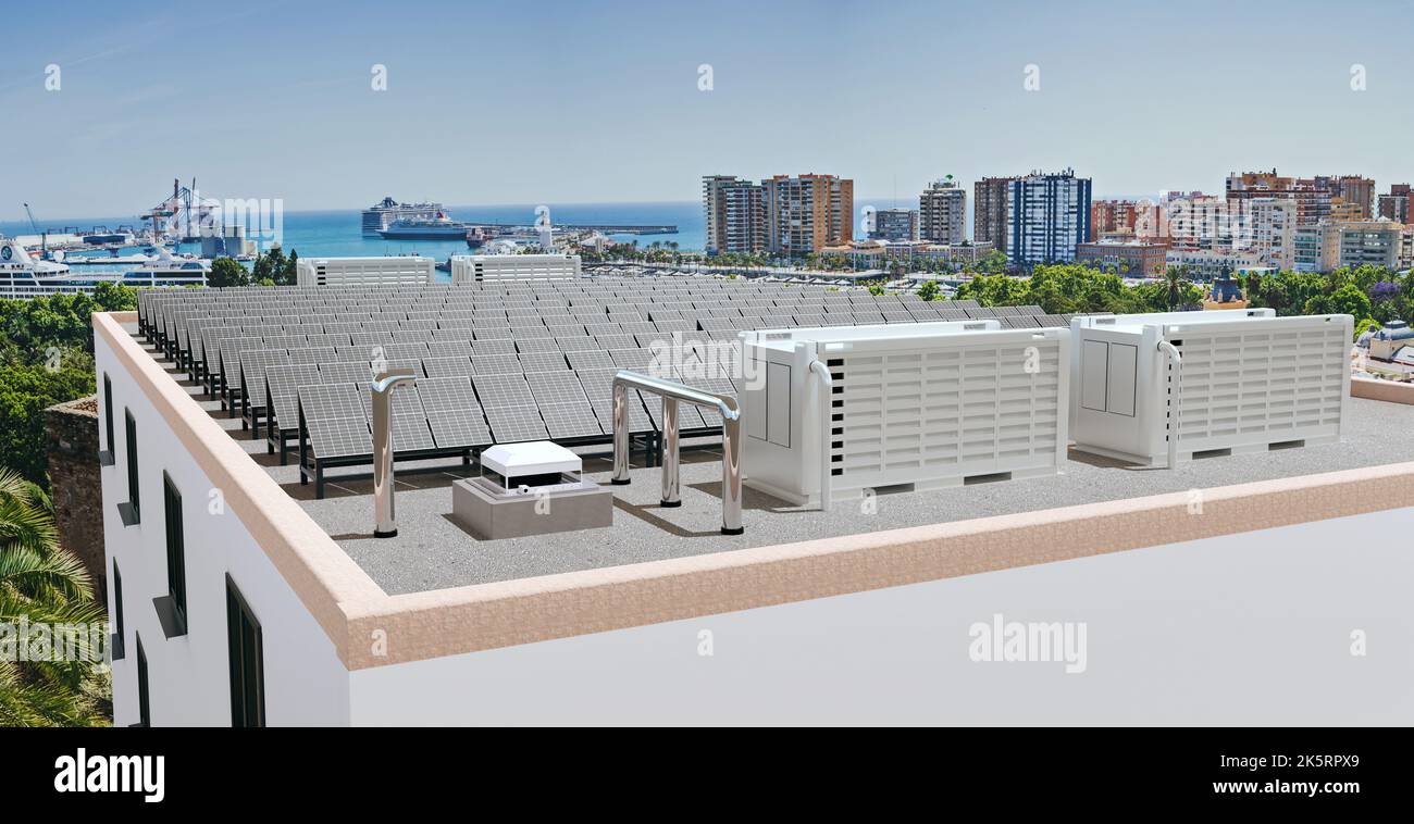 solar power panels installation and battery storage on the roof of a ...