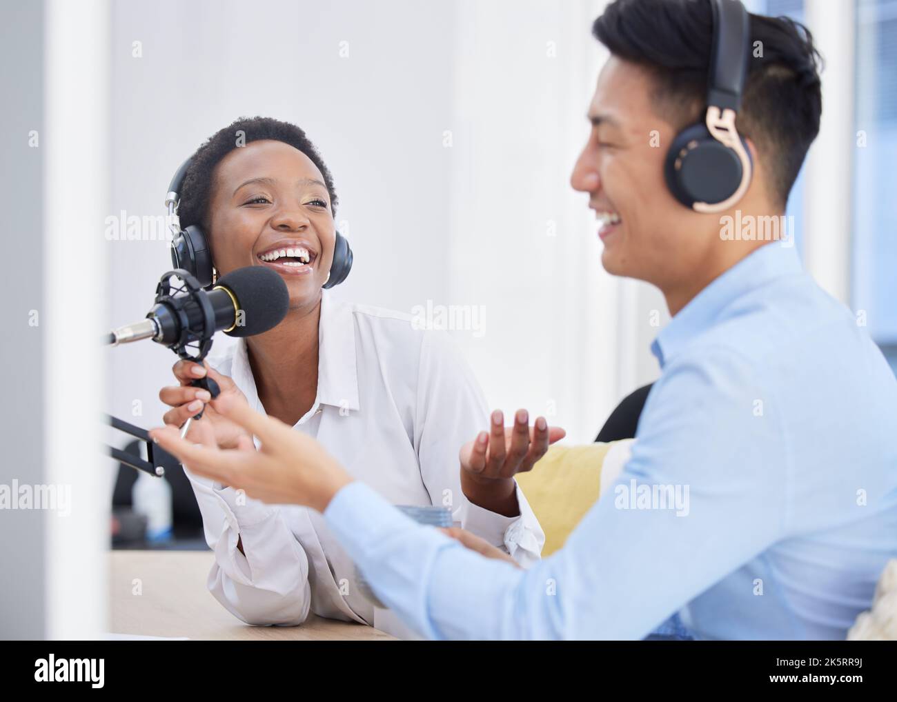 Happy podcast, web interview or digital radio woman presenter working ...