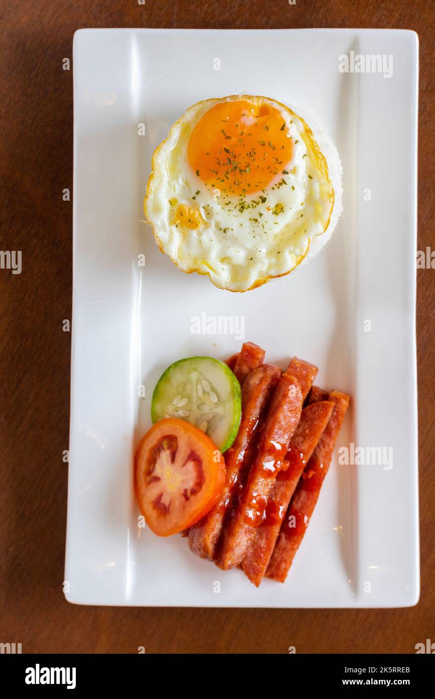 Spam sticks and egg breakfast dish at a local cafe in Cebu City ...