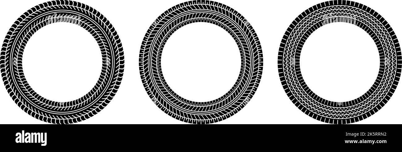 Auto tire tread circle frames set. Car and motorcycle tire pattern, wheel tyre tread track print ...