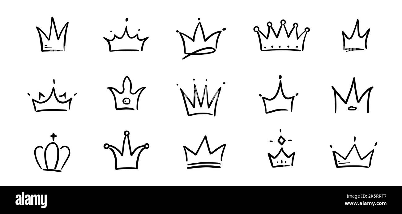 Doodle crown hand drawn set. Doodle princess crown, queen tiara. Line ...