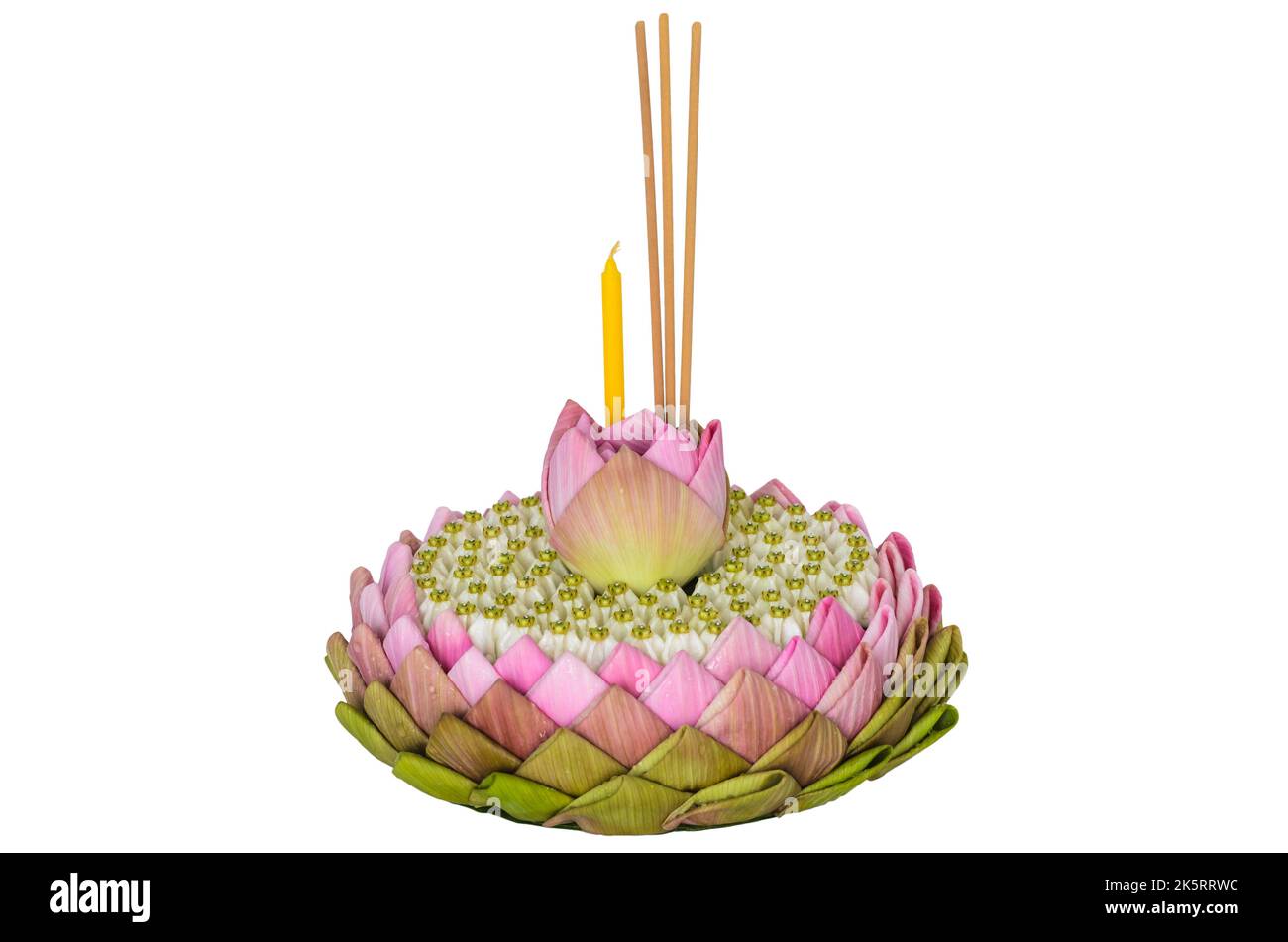 Pink lotus petal krathong that have 3 incense sticks and candle ...