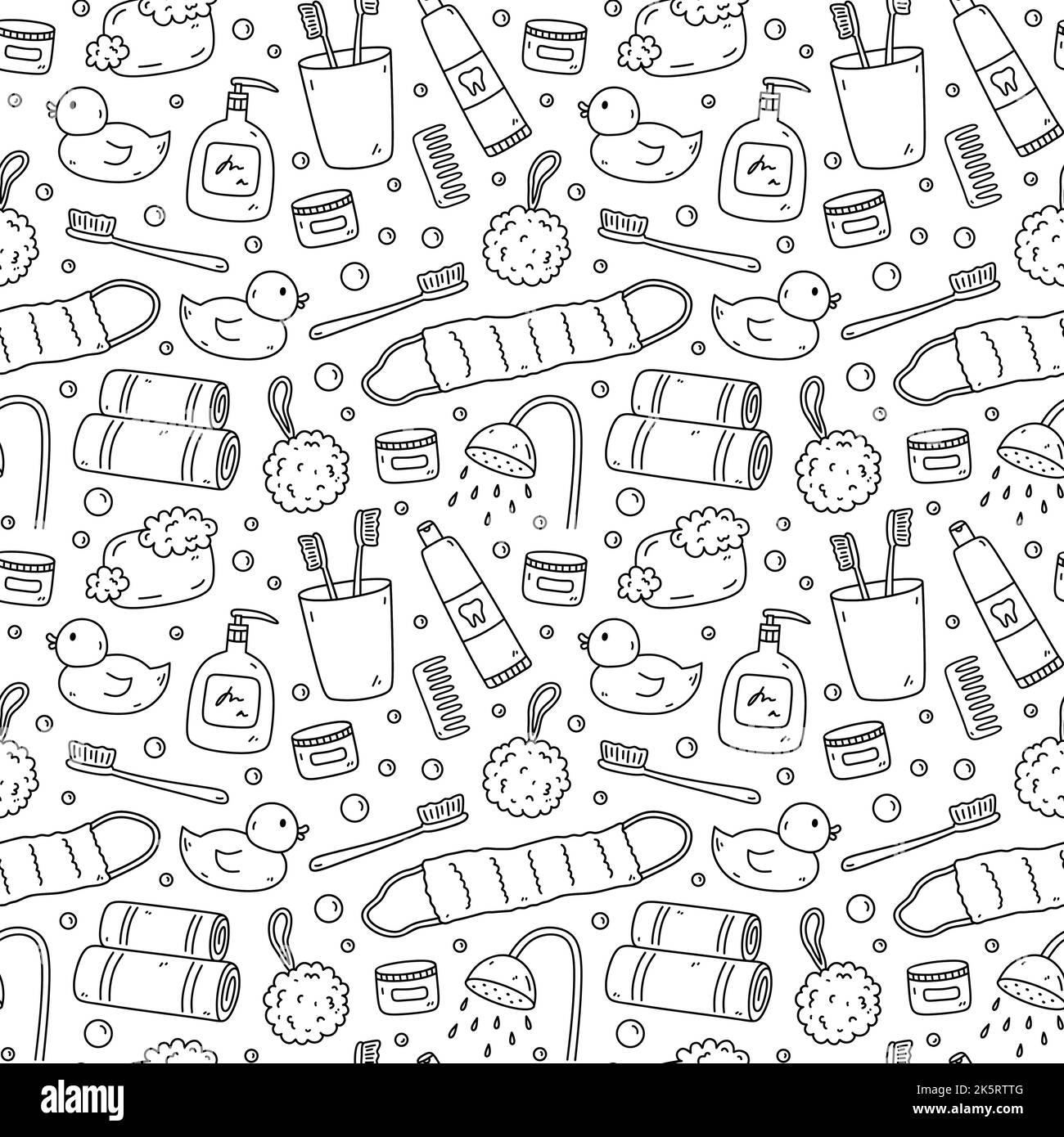 Seamless pattern with bath accessories - towels, shampoo, washcloths ...