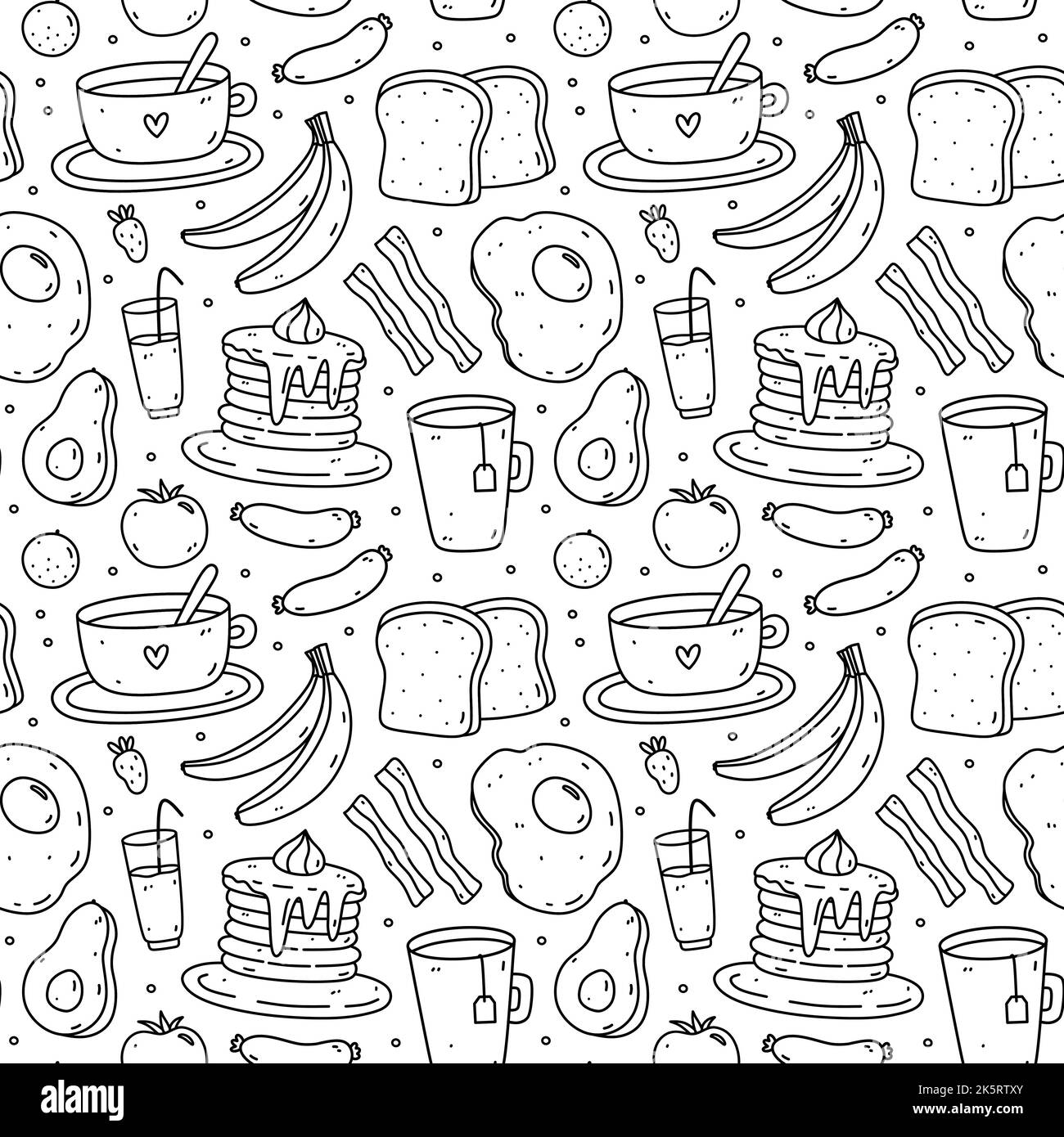 Cute seamless pattern with breakfast food - fried eggs, bacon, toast, coffee, avocado, pancakes ...