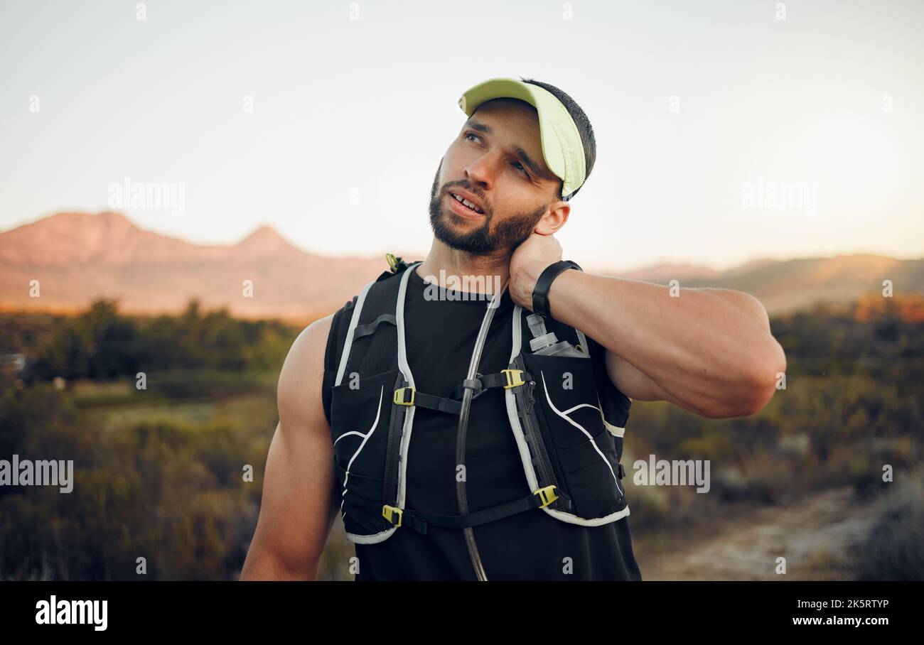 Sports injury, neck massage and pain with man athlete in pain after ...