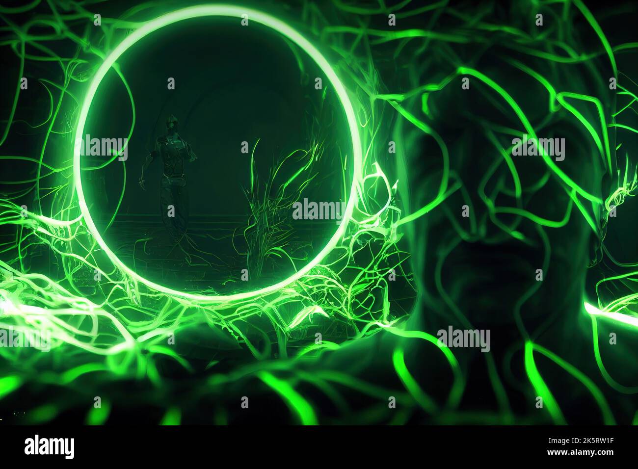 Man tormented by green glowing souls. Green round portal, circle ...