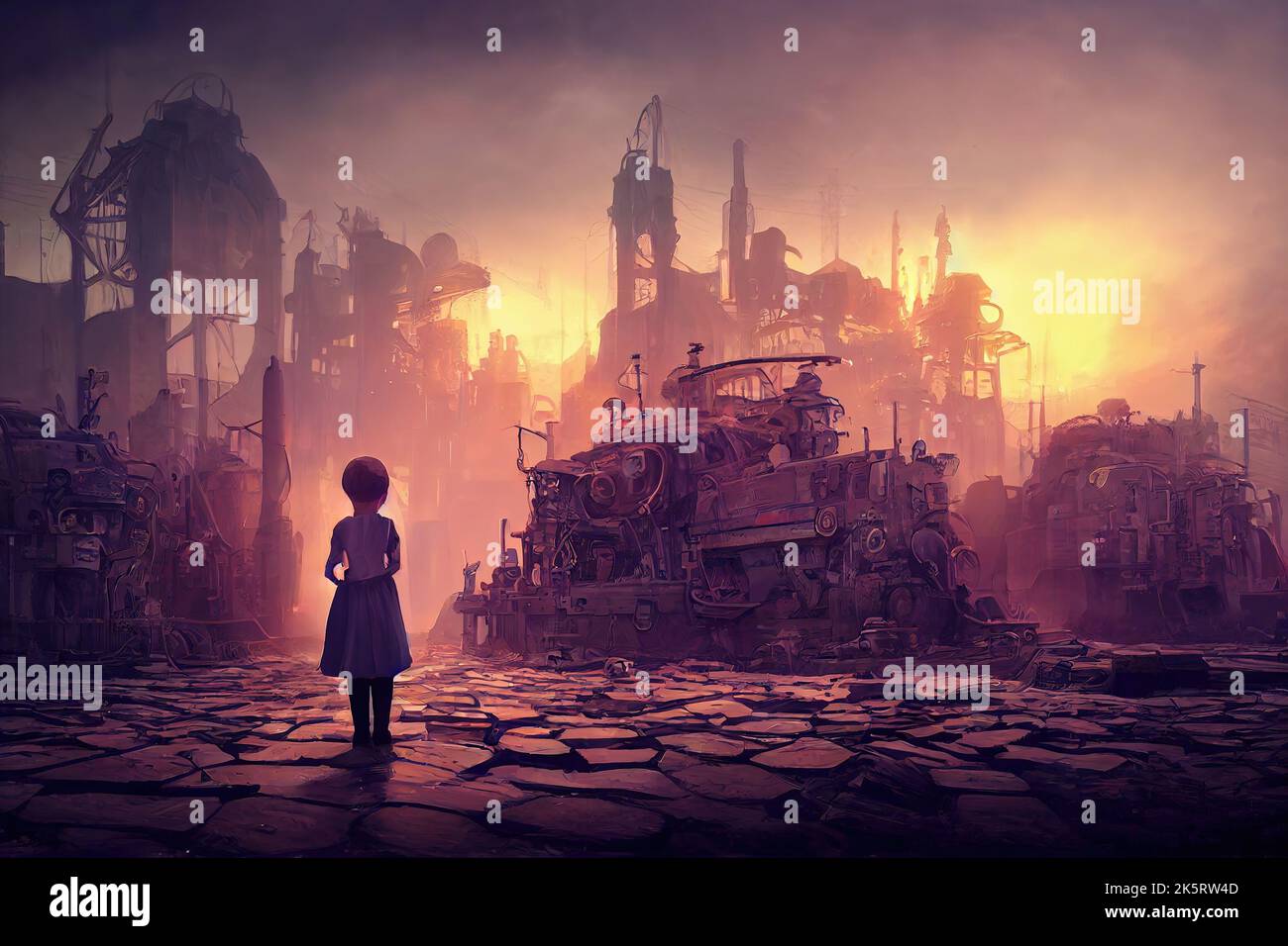 Young girl looks at the dieselpunk village full of machines. Concept ...