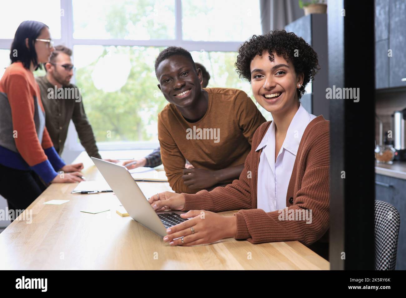 Smiling professional business leaders and employees group team portrait ...