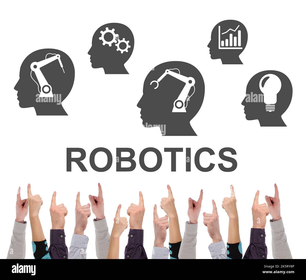 Robotics concept on white background pointed by several fingers Stock ...