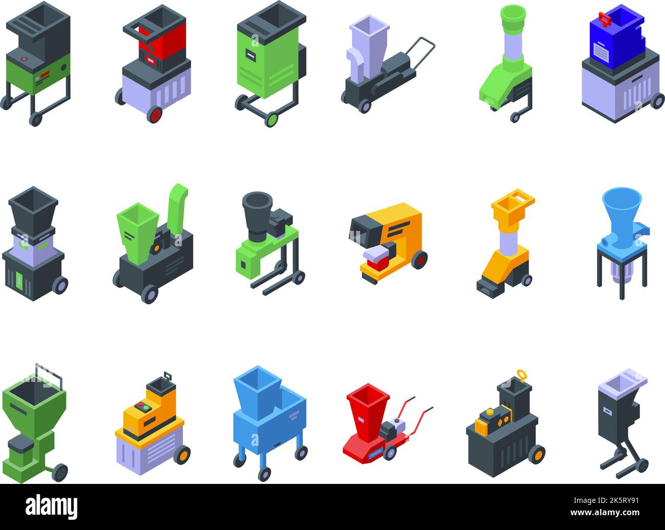Garden shredder icons set isometric vector. Wood tree. String mower ...