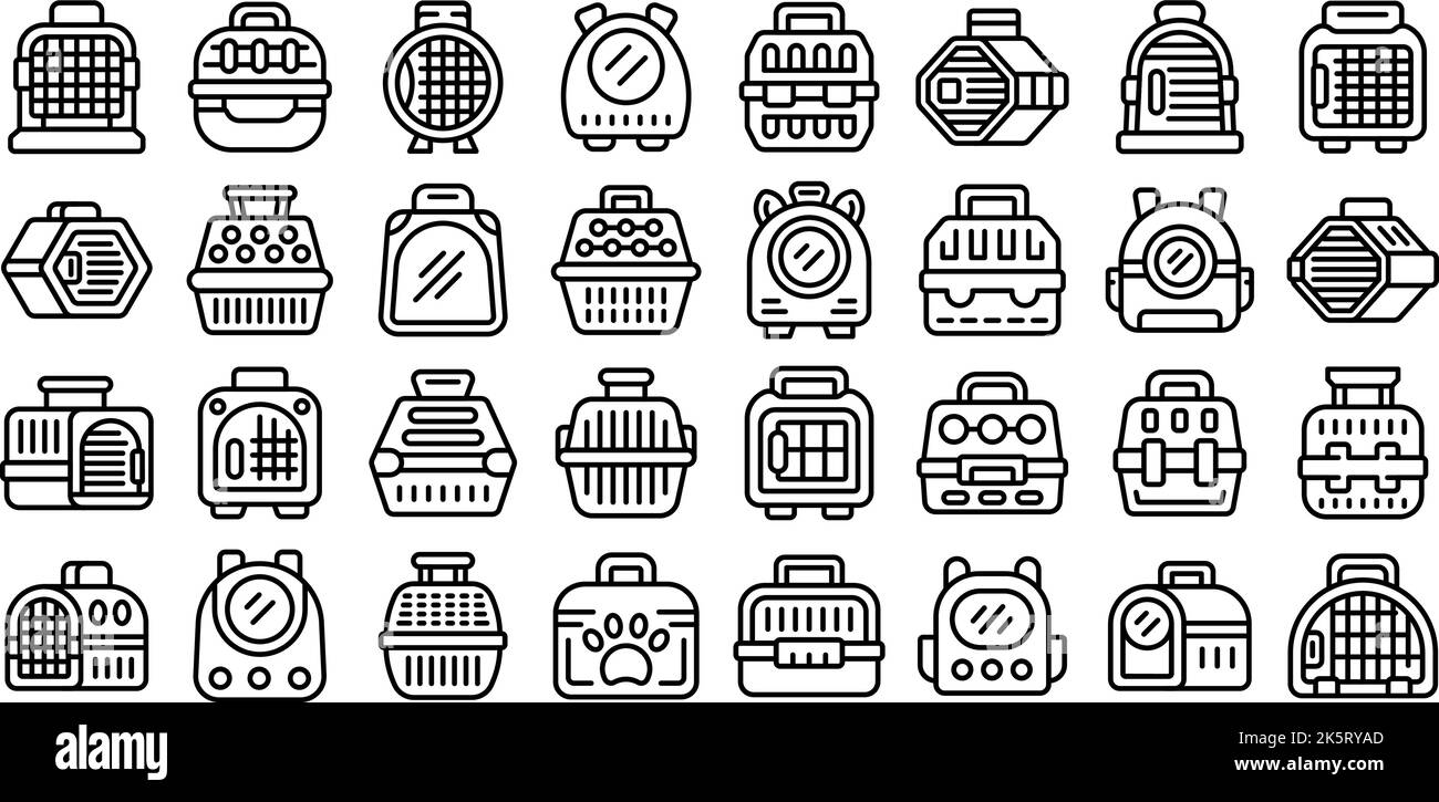 Cat carrier icons set outline vector. Cage canine. Carrier crate Stock ...