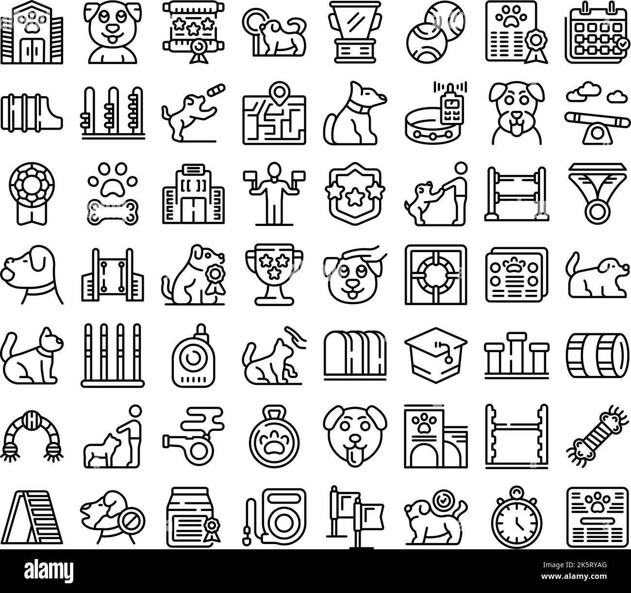 Dog school icons set outline vector. Course agility. Canine pipe Stock ...
