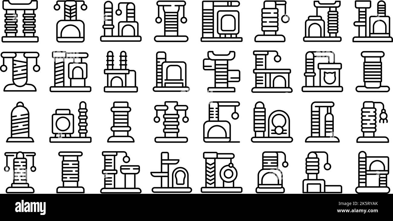 Cats scratching post icons set outline vector. Tree tower. Play ...