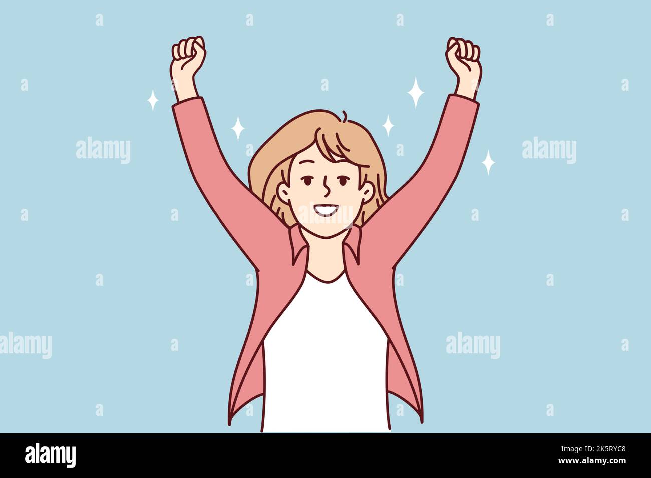 Smiling woman raise hands celebrate success or promotion. Happy female ...