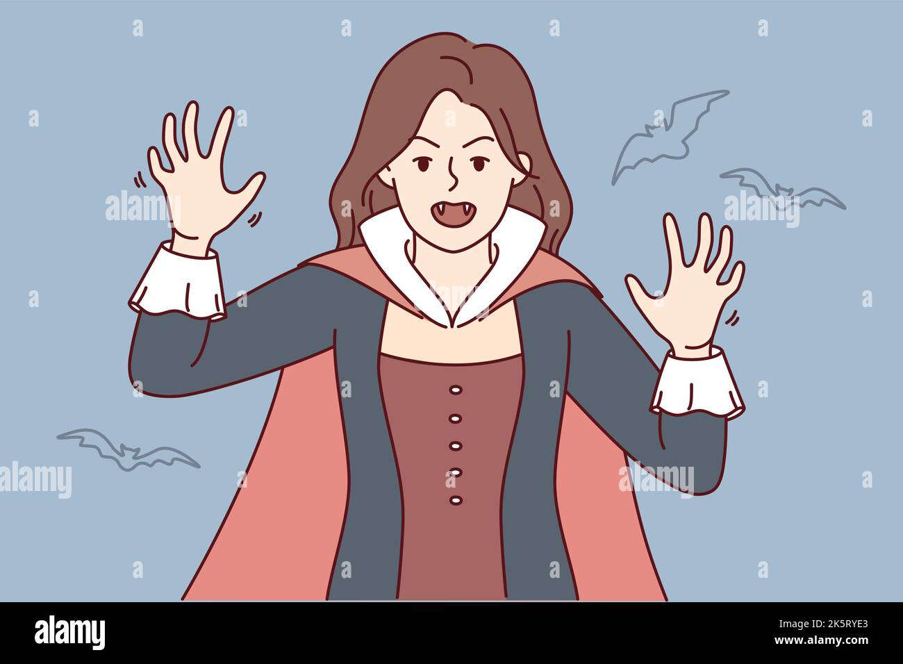 Furious young woman in Dracula costume dressed for Halloween. Mad ...