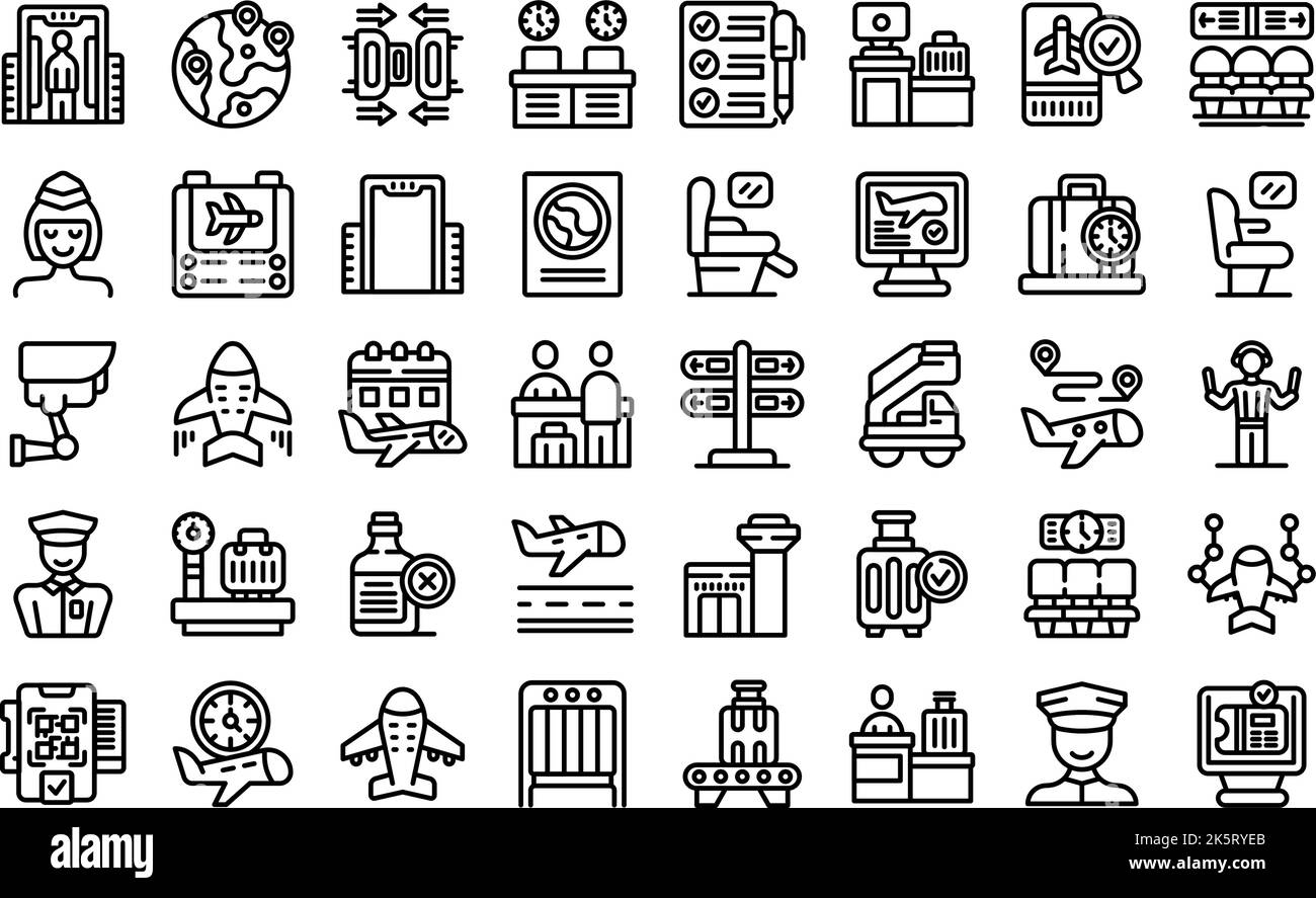 Check in airport icons set outline vector. Baggage plane. Airport ... Check in airport icons set outline vector. Baggage plane. Airport ...