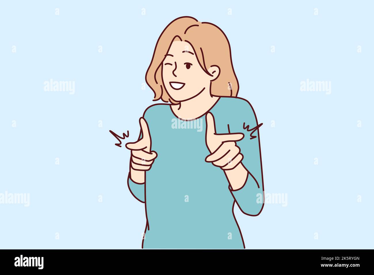 Smiling woman point at screen make choice. Happy female show with ...