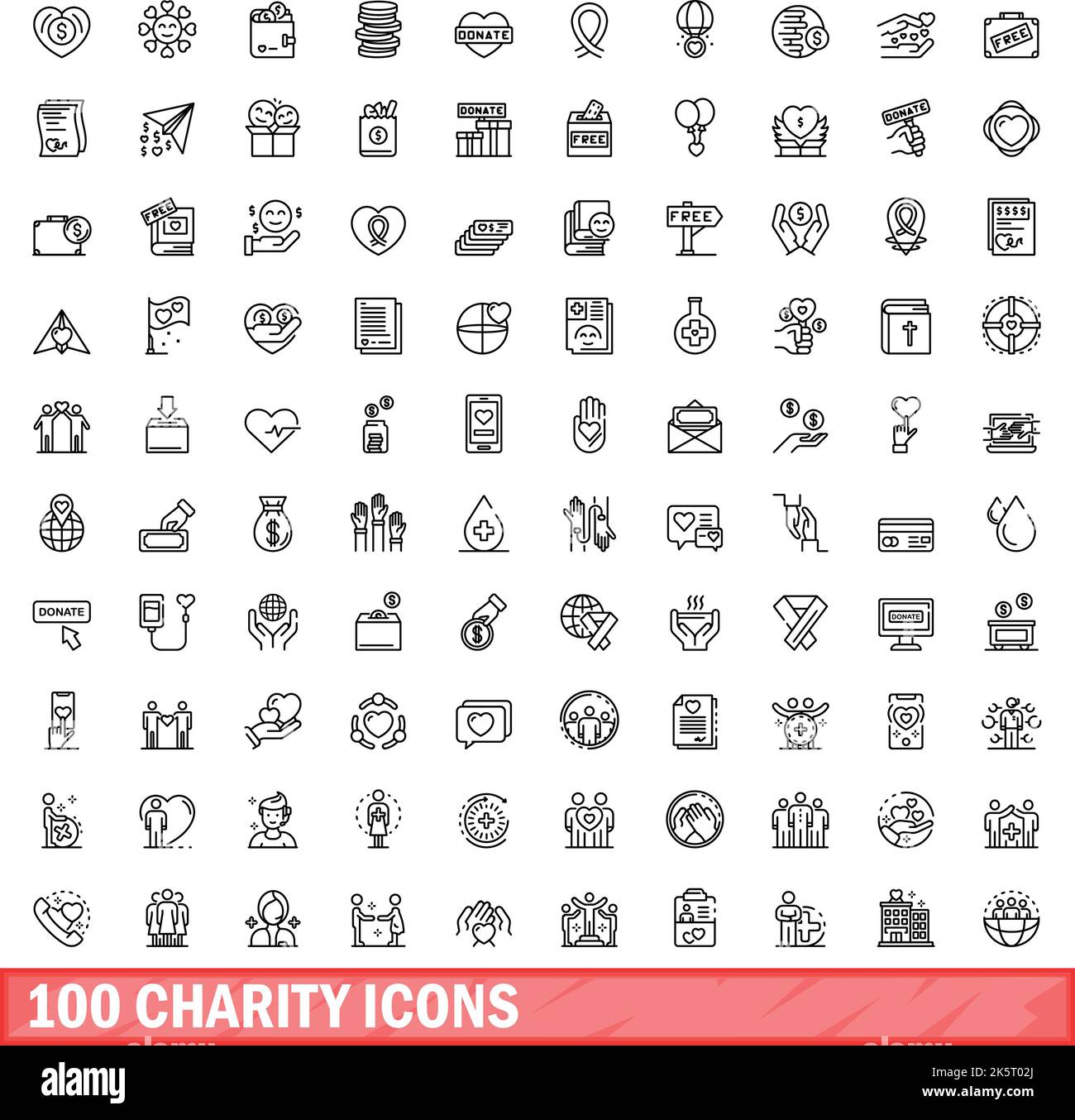 100 charity icons set. Outline illustration of 100 charity icons vector ...