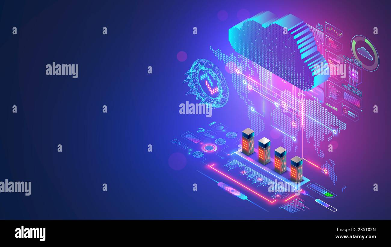 Cloud computing technology concept. Digital Cloud hover over world map. Cloud storage in data ...