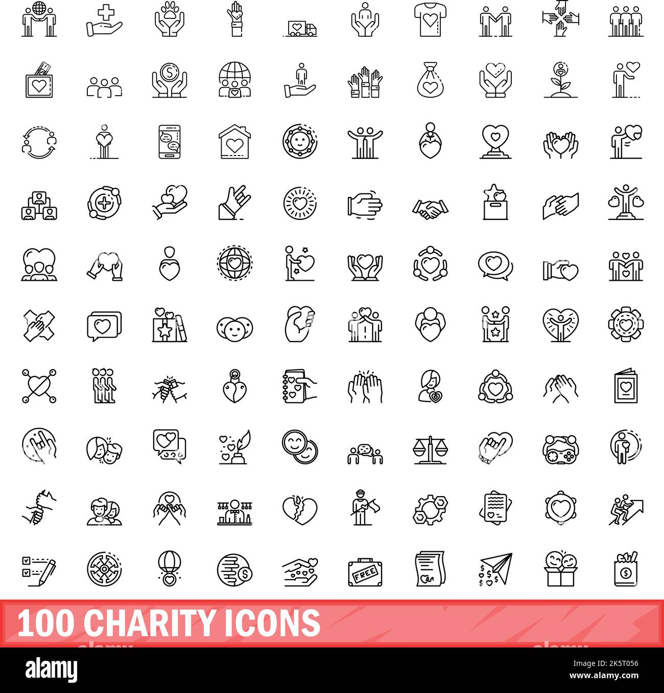 100 charity icons set. Outline illustration of 100 charity icons vector ...
