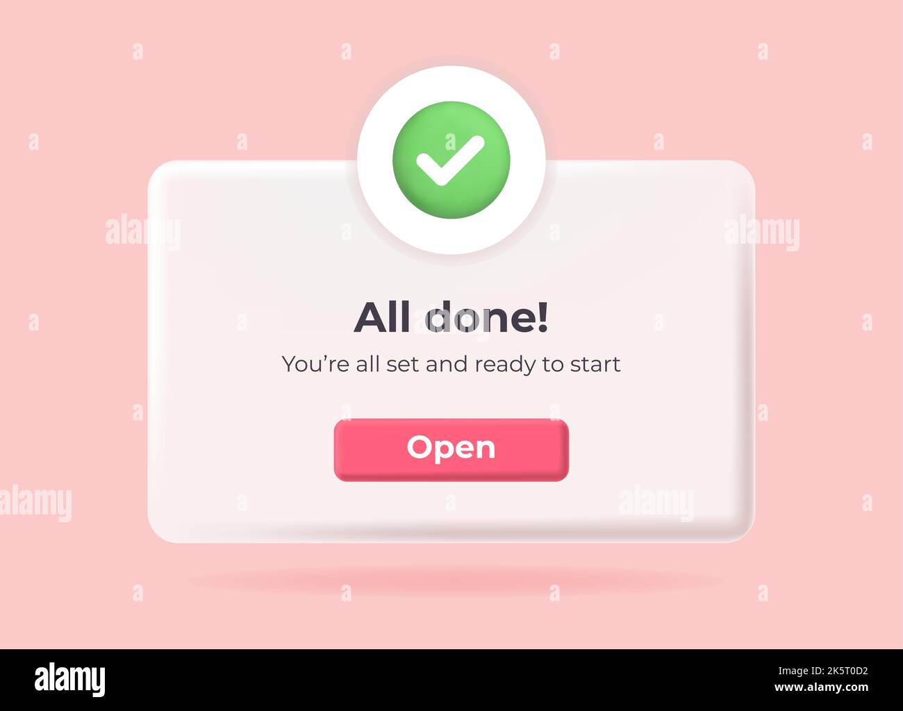 3d success tick. Popup page with floating elements. Social media ...
