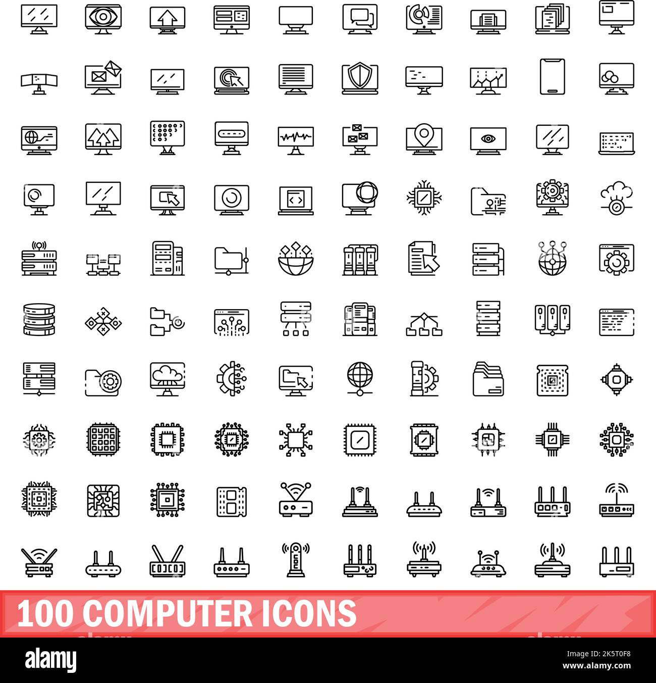 100 computer icons set. Outline illustration of 100 computer icons vector set isolated on white ...