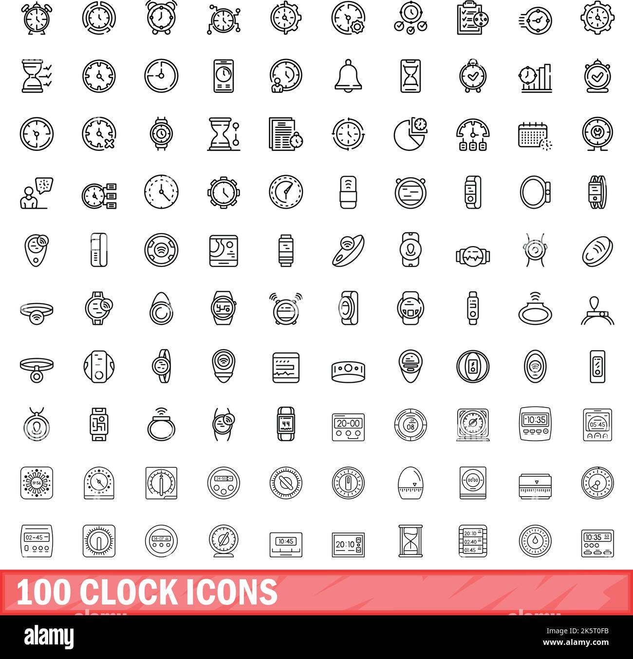 100 clock icons set. Outline illustration of 100 clock icons vector set ...