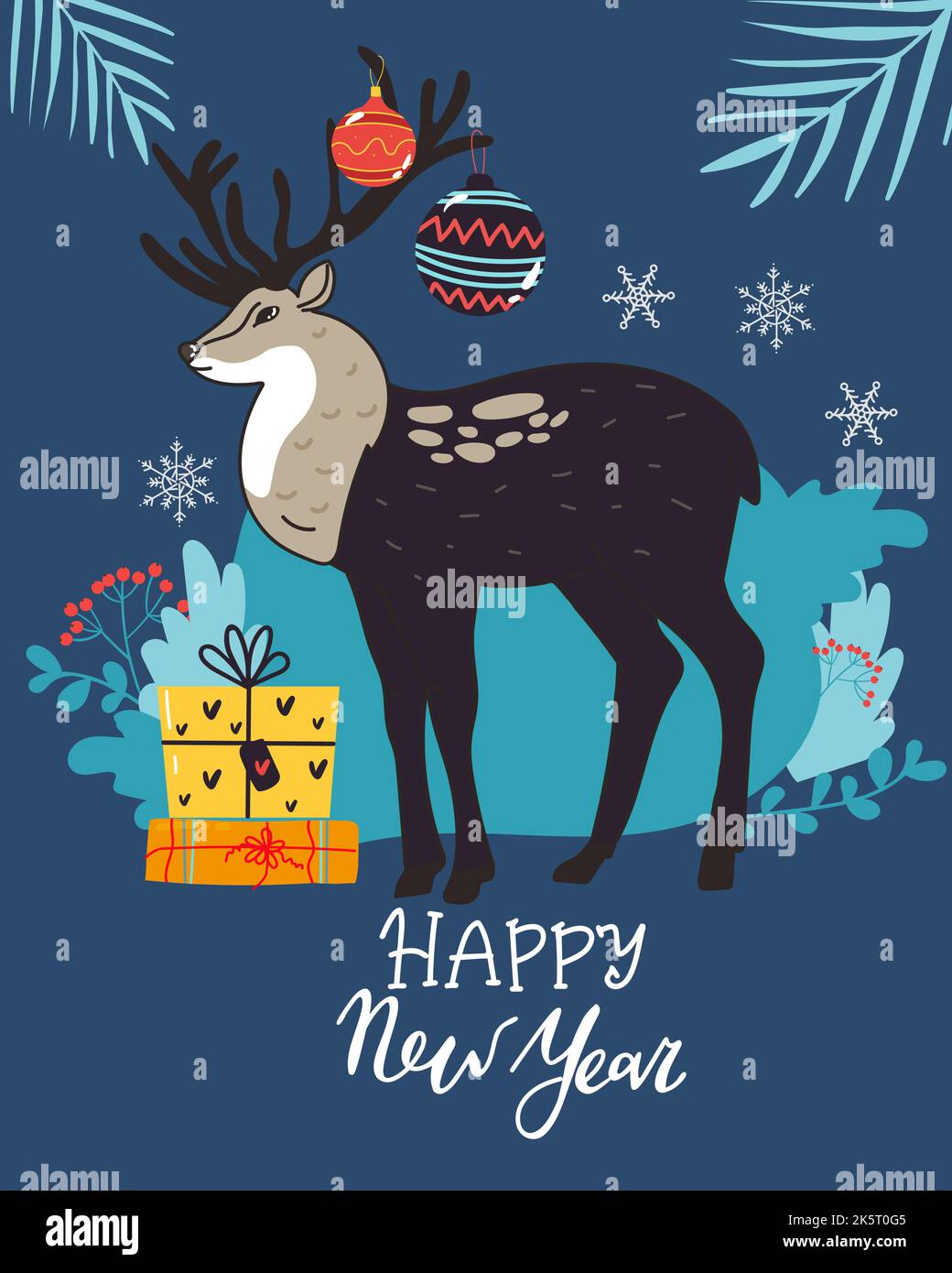 Christmas pattern with lettering and deer and snowflakes. present Tree ...