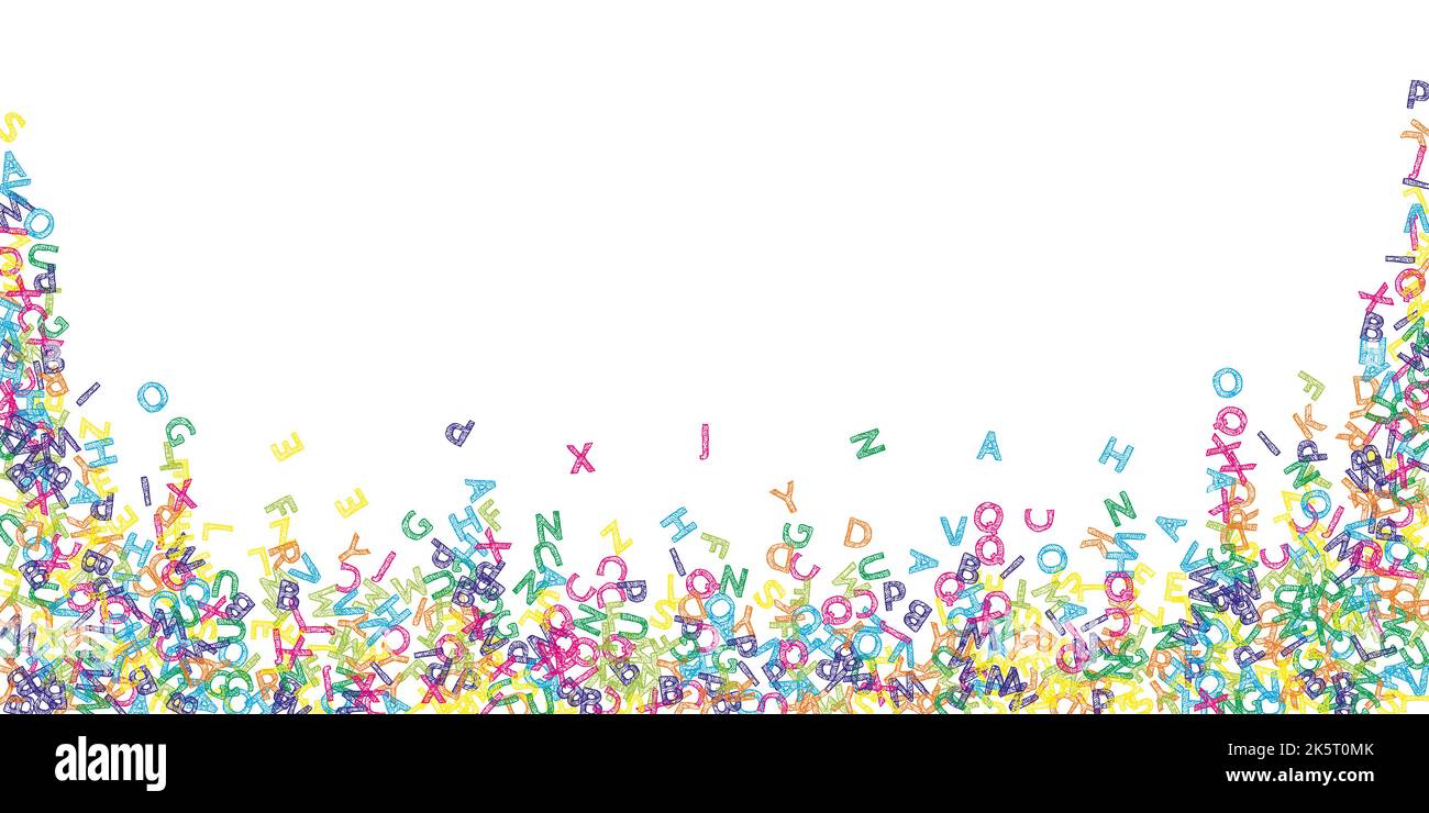 Falling letters of English language. Colorful sketch flying words of ...