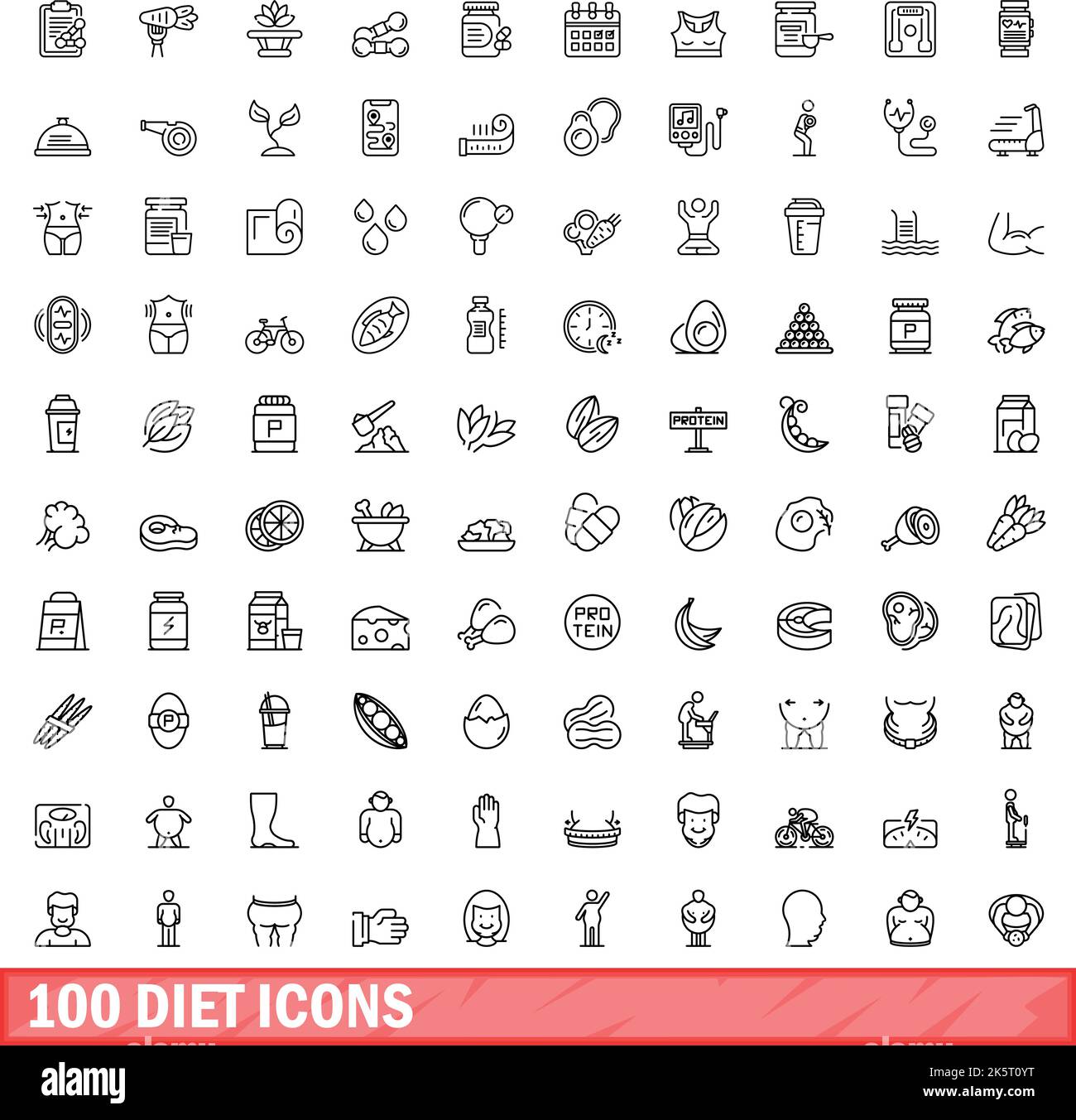 100 diet icons set. Outline illustration of 100 diet icons vector set ...