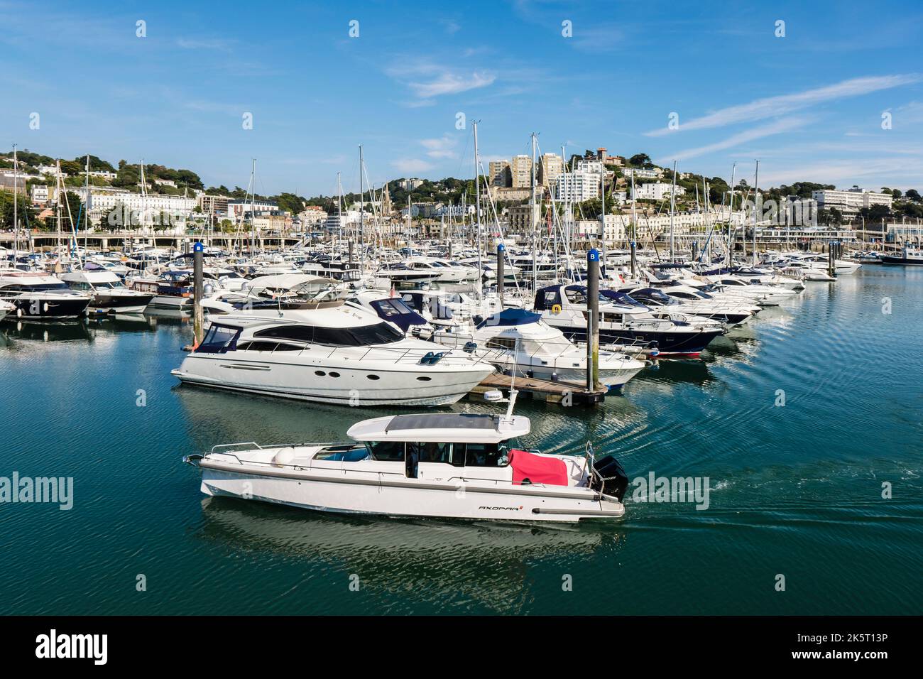 Boats moored in harbour from Princess Pier, Torquay, Devon, England, UK ...