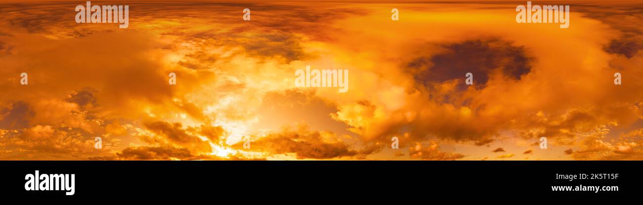 Golden glowing red orange overcast sunset sky panorama. Hdr seamless ...