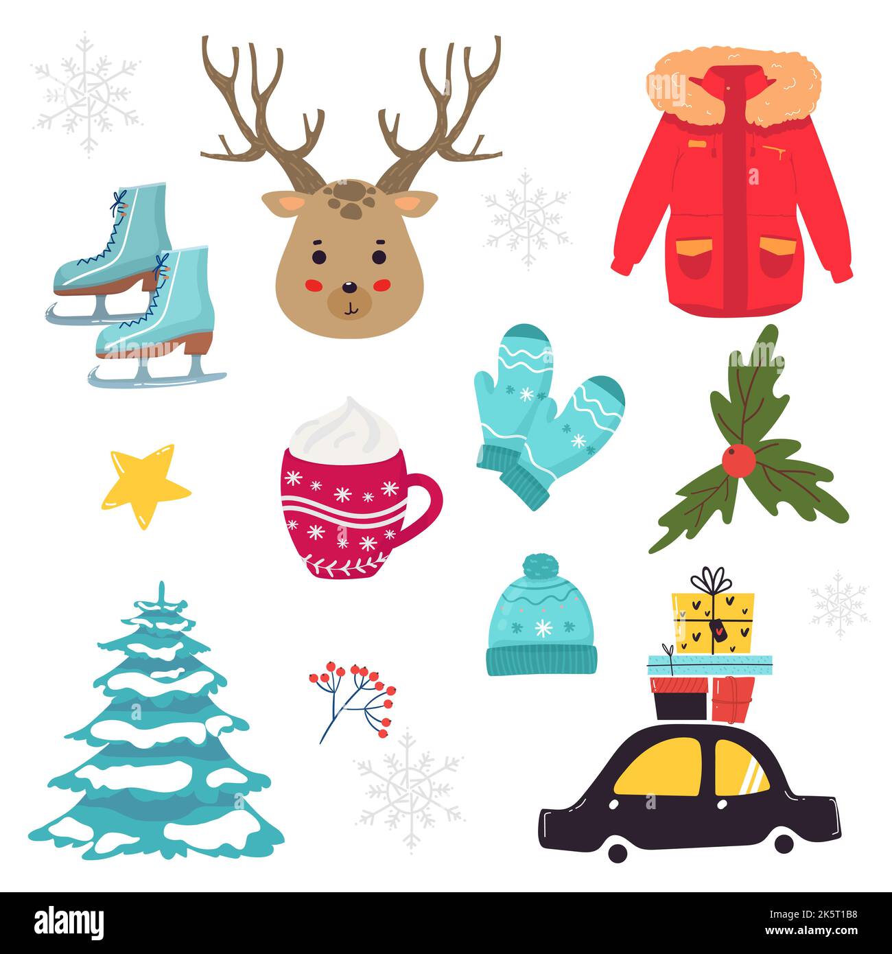 Vector set of holiday icons sweater, Christmas ornaments, gingerbread ...