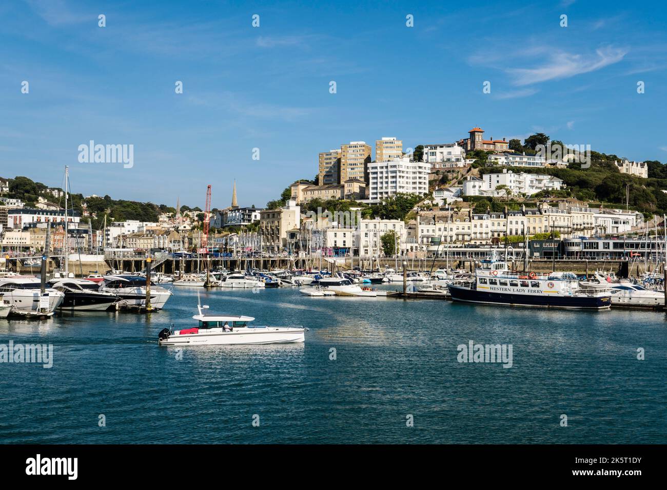 Boats moored in harbour from Princess Pier, Torquay, Devon, England, UK ...