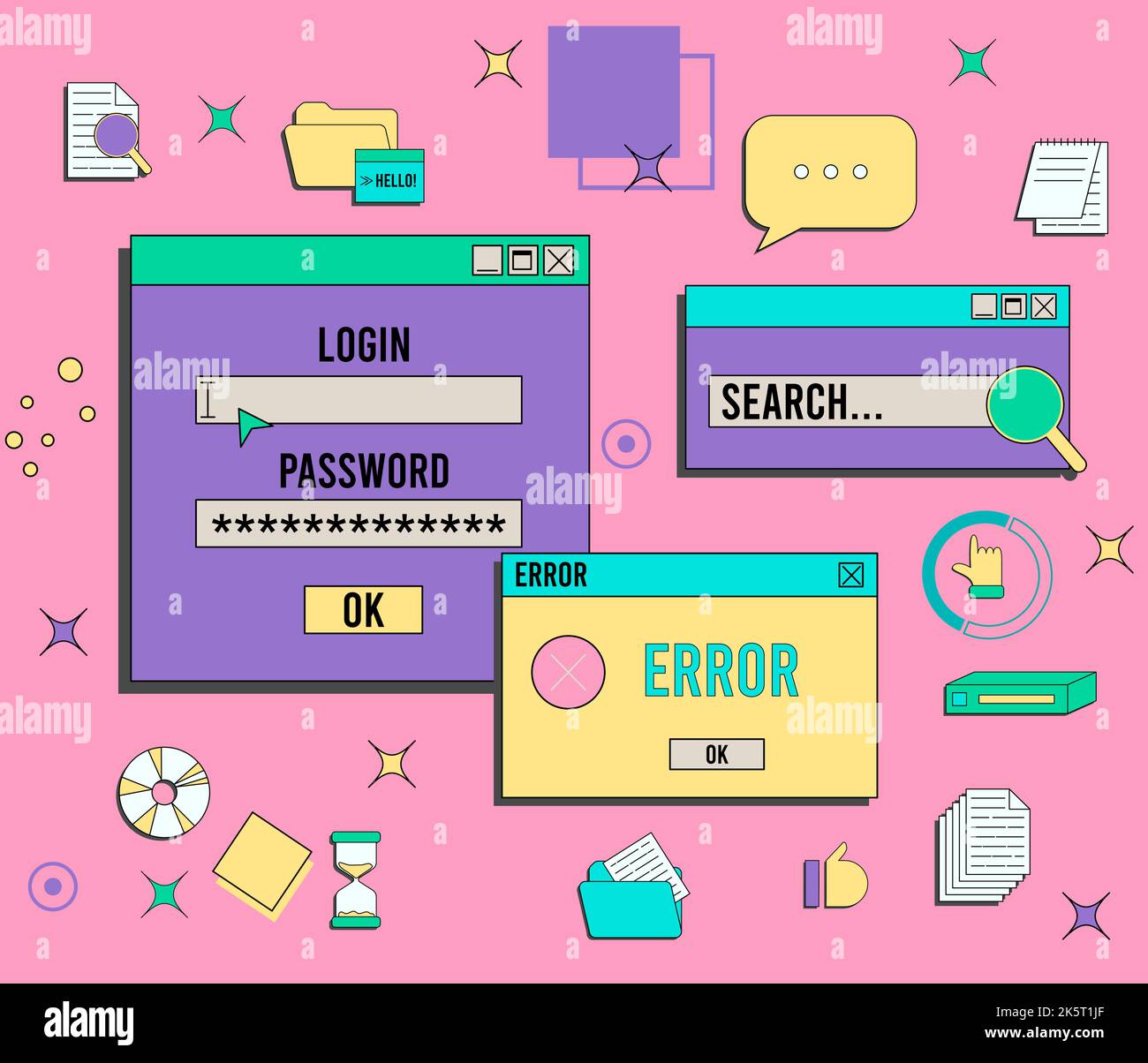 Set of vaporwave UI and UX elements. PC retro game frame. Nostalgic ...