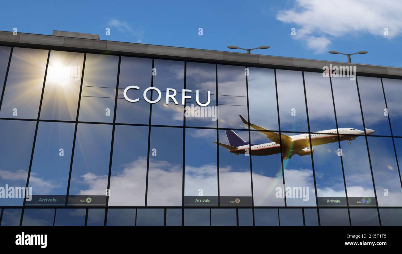 Aircraft landing at Corfu, Greece 3D rendering illustration. Arrival in ...